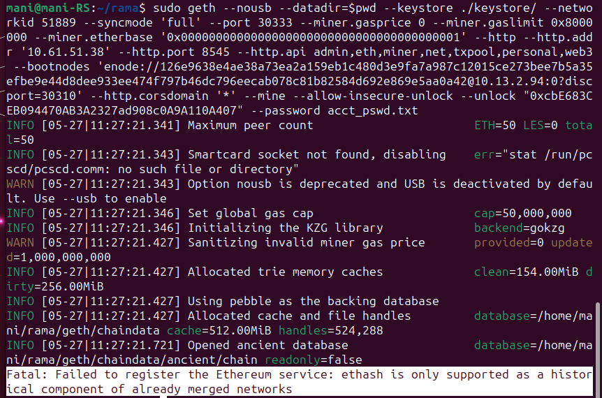 Failed to register the Ethereum service::ethash is only supported as a historical component of ...