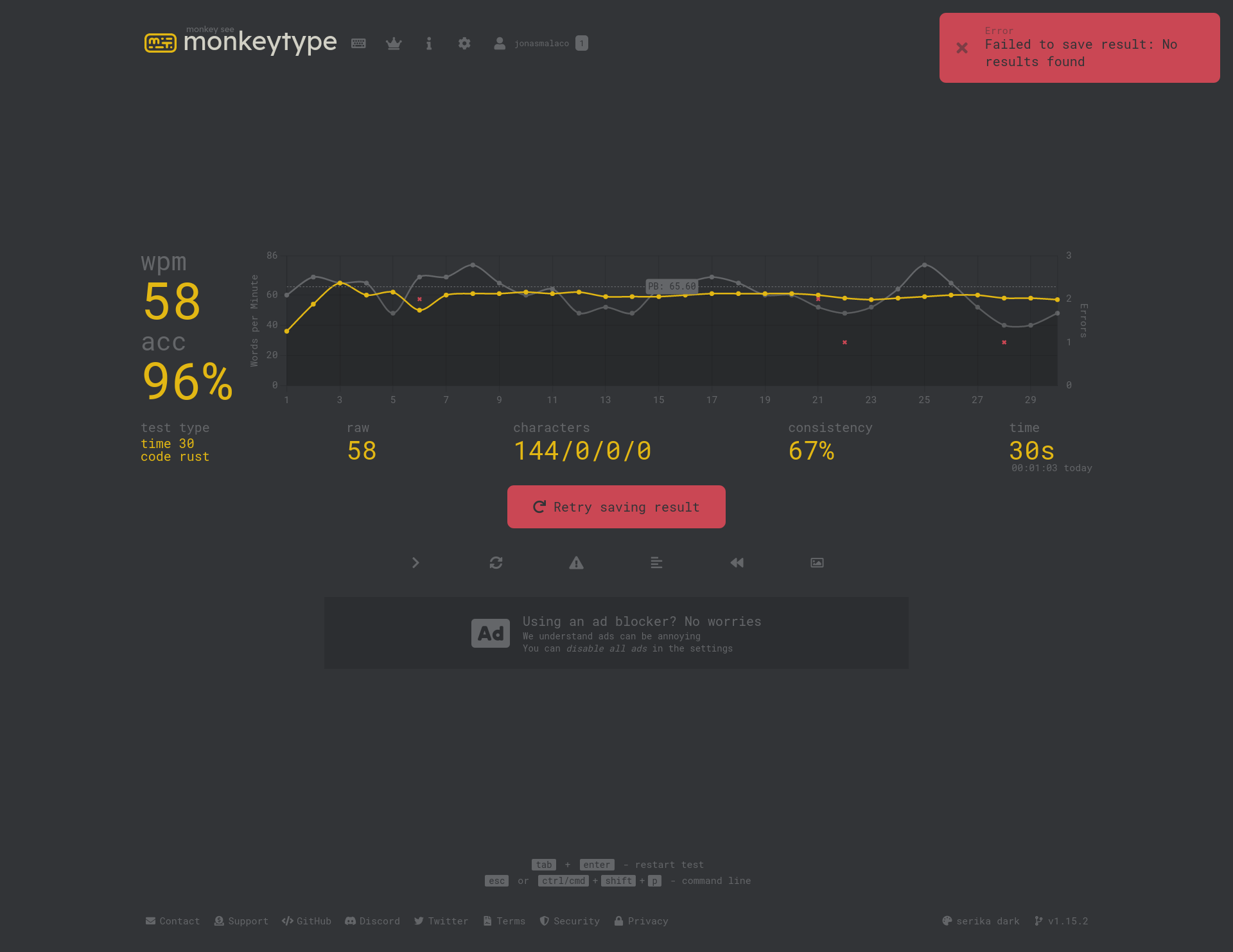 Failed to save result: No results found · Issue #3372 · monkeytypegame/monkeytype · GitHub