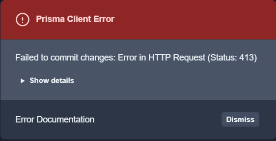 Cannot save Prisma Studio after submitting/editing a JSON array with large number of items ...