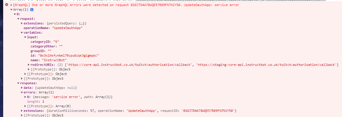 Unable to change OAuth Redirect URLs due to GraphQL error · Issue #665 · twitchdev/issues · GitHub