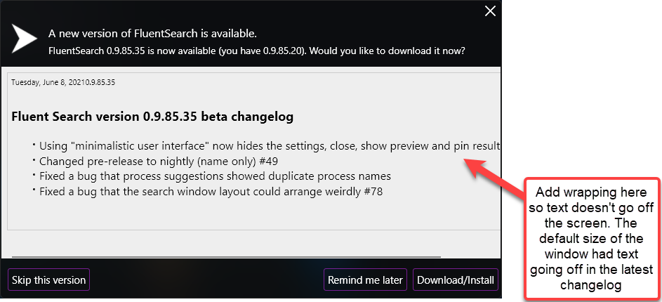Enable word wrapping in changelog window · Issue #83 · adirh3/Fluent-Search · GitHub