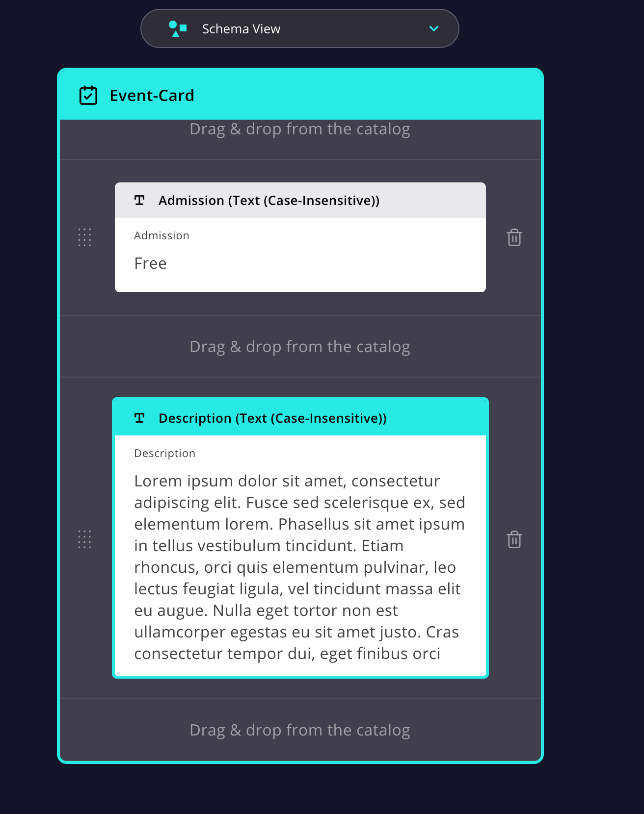 When opening an existing card in Schema view, the entire card and the last field are selected ...