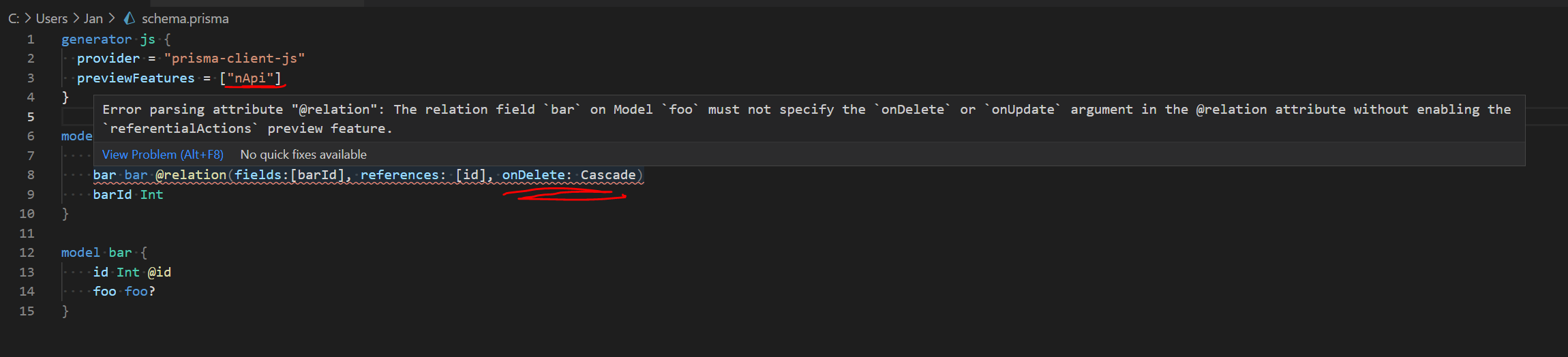 referentialActions: Only underline offending part of line when using referential actions, but ...
