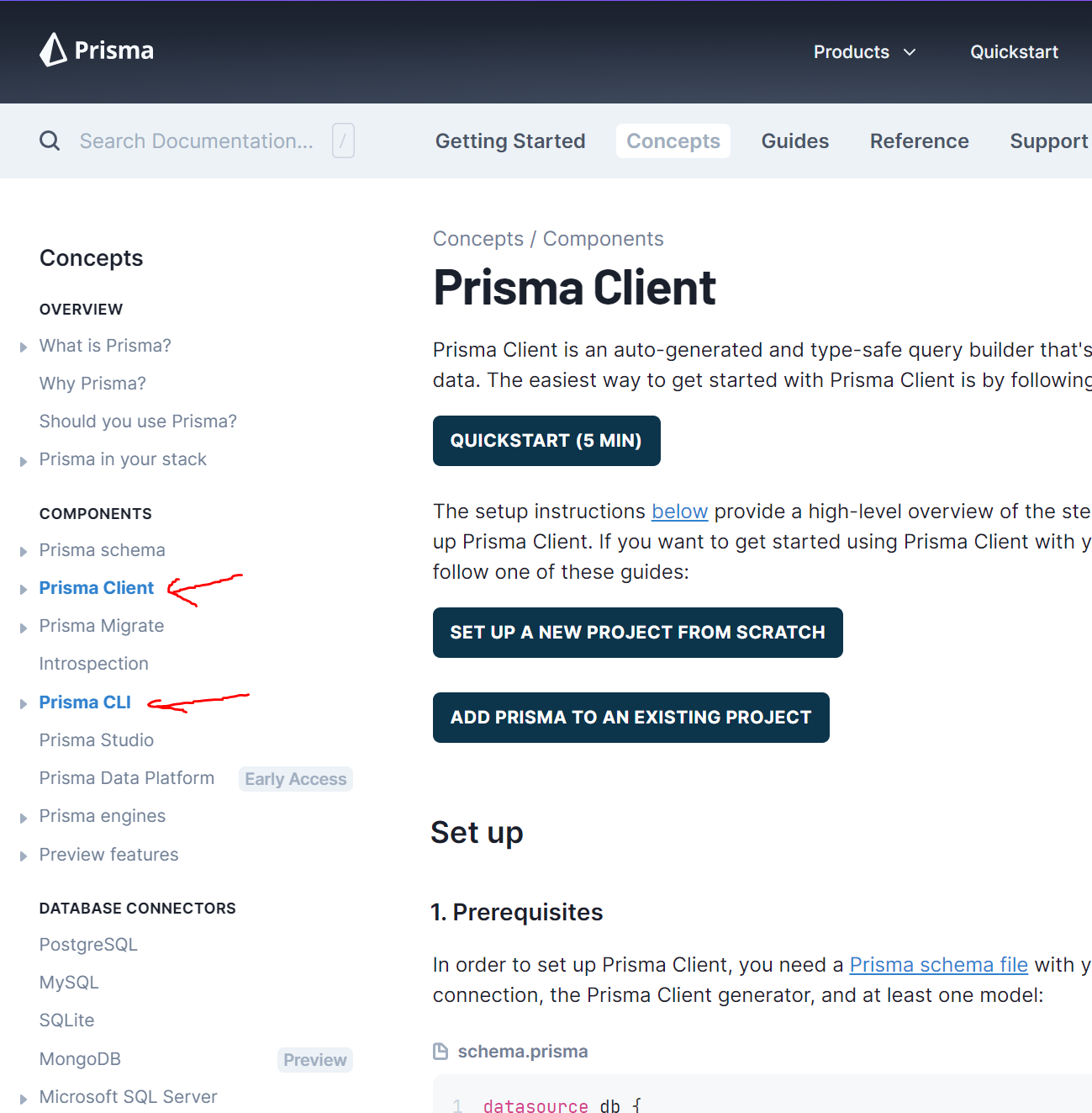 In Left Panel Prisma Cli Is Highlighted When Reading Prisma Client Docs · Issue 2494