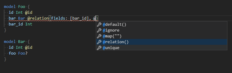 Wrong `@` autocompletion inside `@relation` · Issue #1026 · prisma/language-tools · GitHub