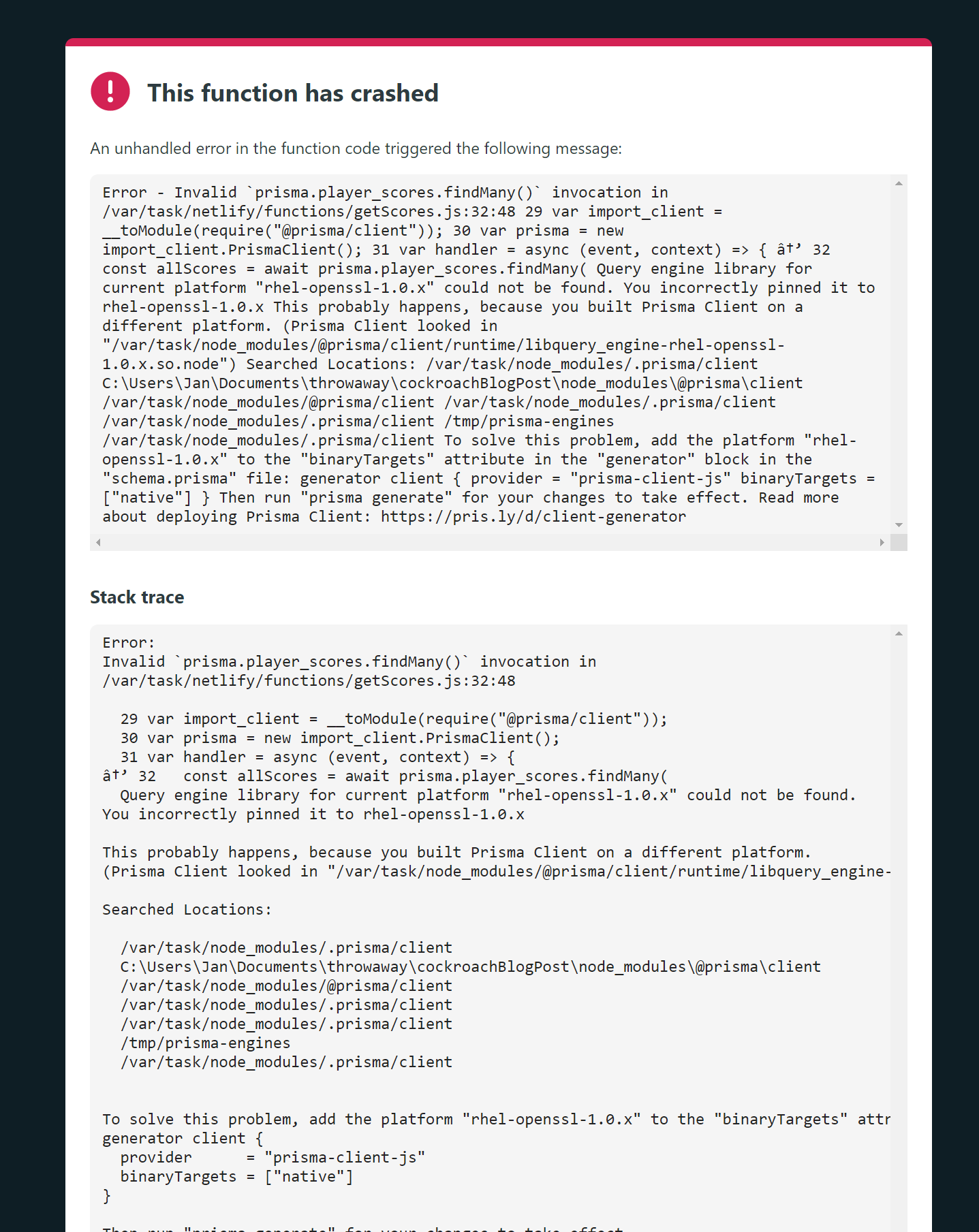 Netlify: `Query engine library for current platform "rhel-openssl-1.0.x" could not be found. You ...