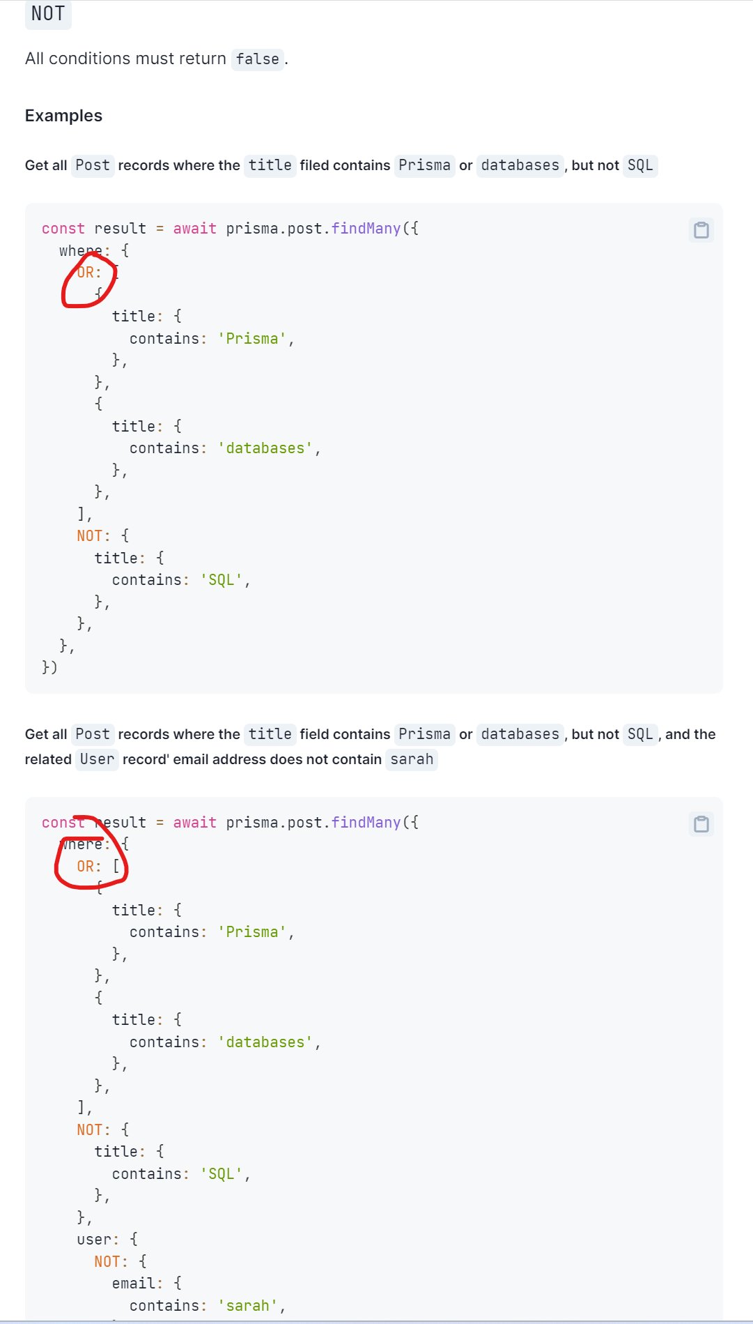 `NOT` examples all first use `OR` instead of directly showing `NOT` · Issue #5019 · prisma/docs ...