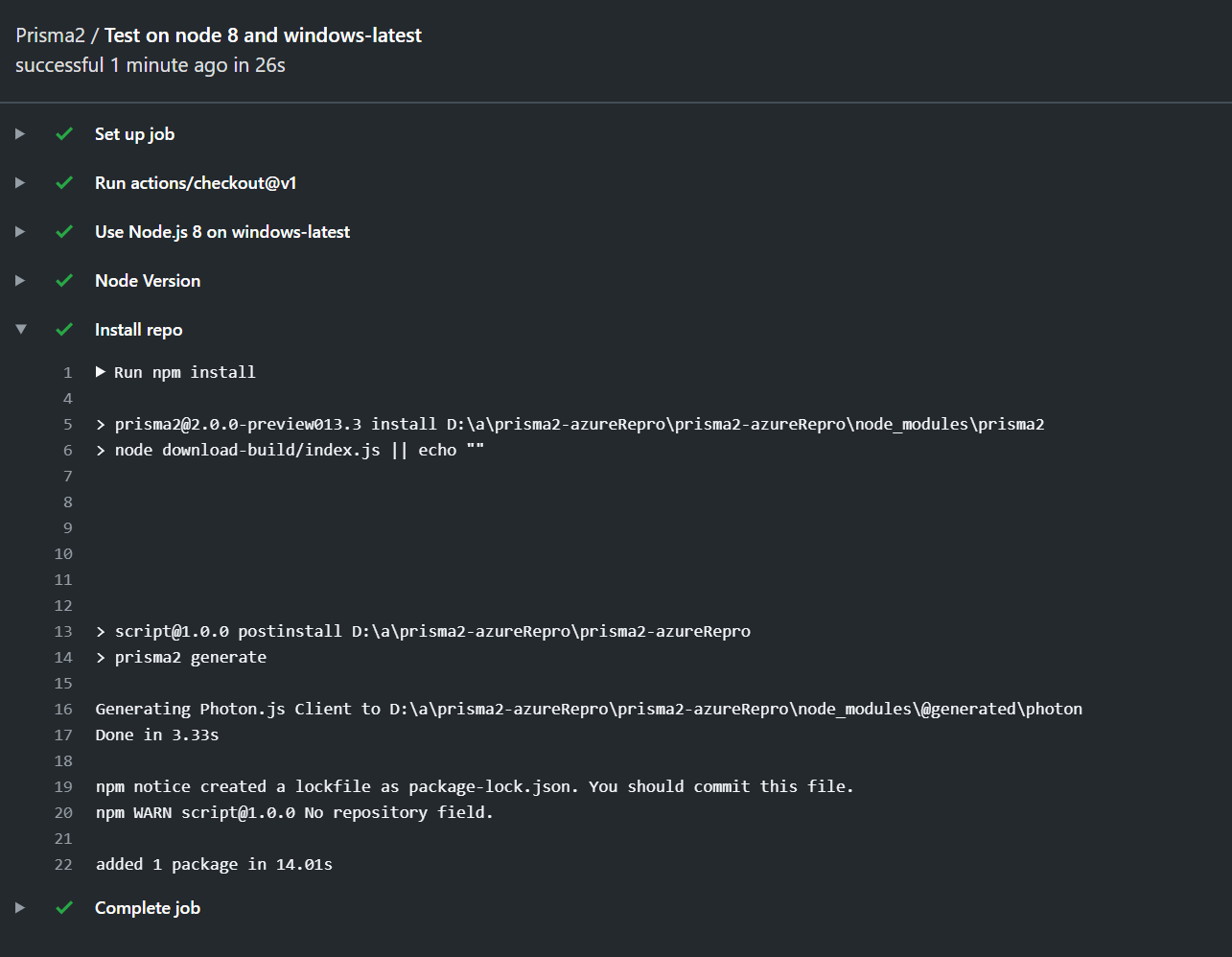 `npm install` for project with `prisma2` dependency is missing output on CI · Issue #680 ...