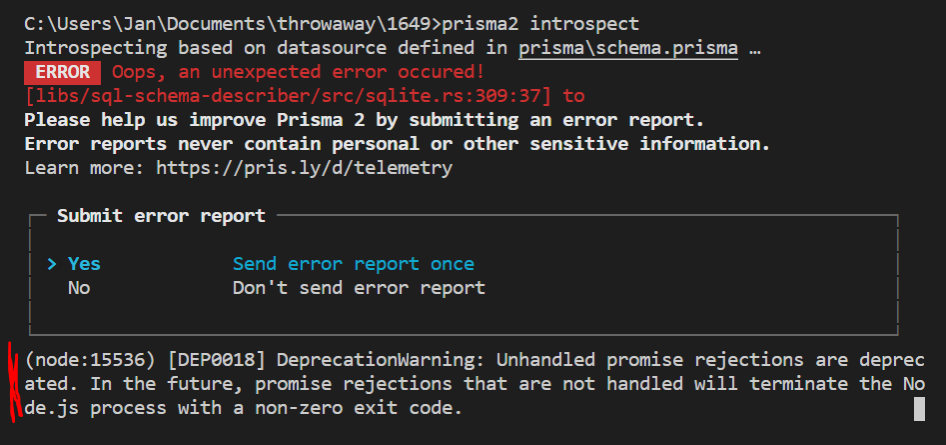 introspect: Unhandled promise and duplicated output on Error · Issue #1923 · prisma/prisma · GitHub