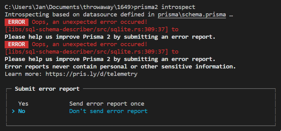 introspect: Unhandled promise and duplicated output on Error · Issue #1923 · prisma/prisma · GitHub