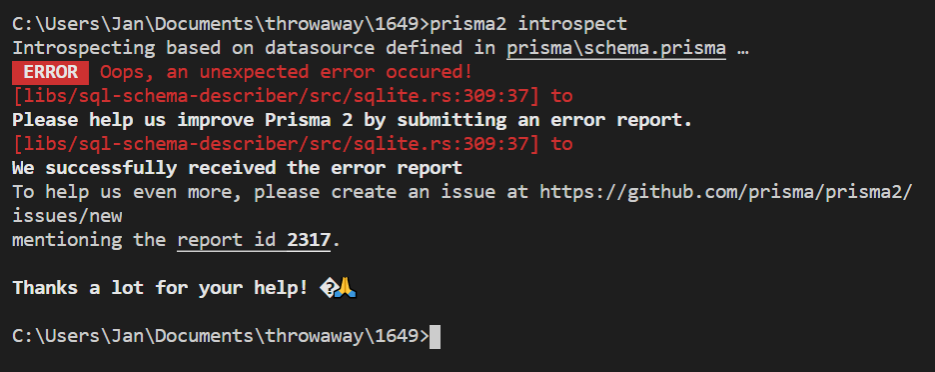 introspect: Unhandled promise and duplicated output on Error · Issue #1923 · prisma/prisma · GitHub