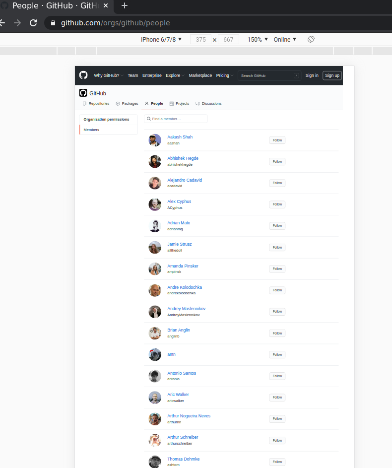 For github organization, people page is not responsive for small ...
