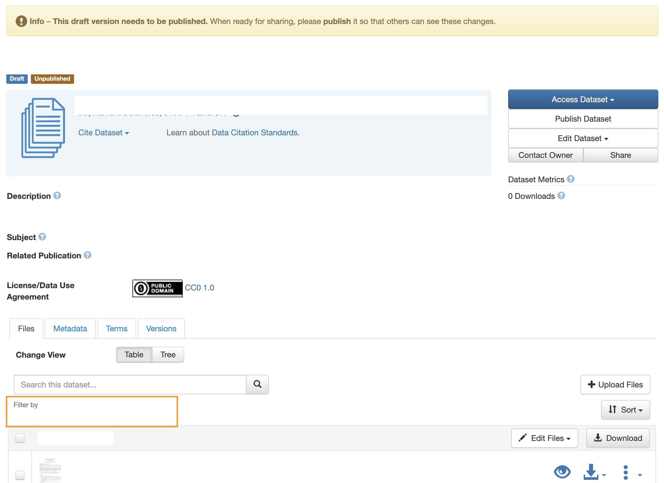 "Filter by" dropdowns missing on unpublished dataset page in Harvard ...