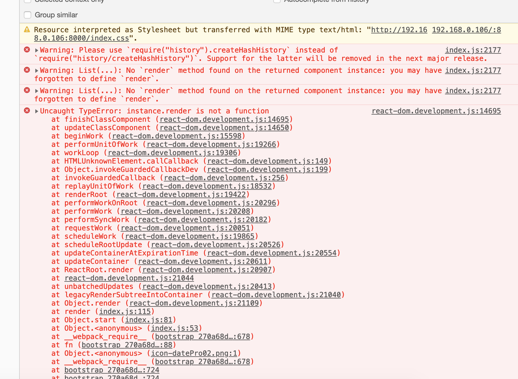 启动之后打开页面报错 Warning: Please use `require("history").createHashHistory` instead of `require ...