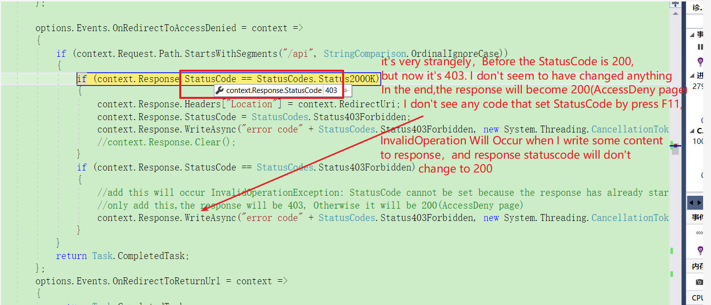 Cookie authentication OnRedirectToAccessDenied set statuscode don't work · Issue #13229 · dotnet ...