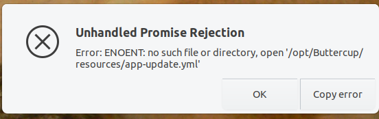 Unhandled Promise Rejection : missing app-update.yml · Issue #896 · buttercup/buttercup-desktop ...
