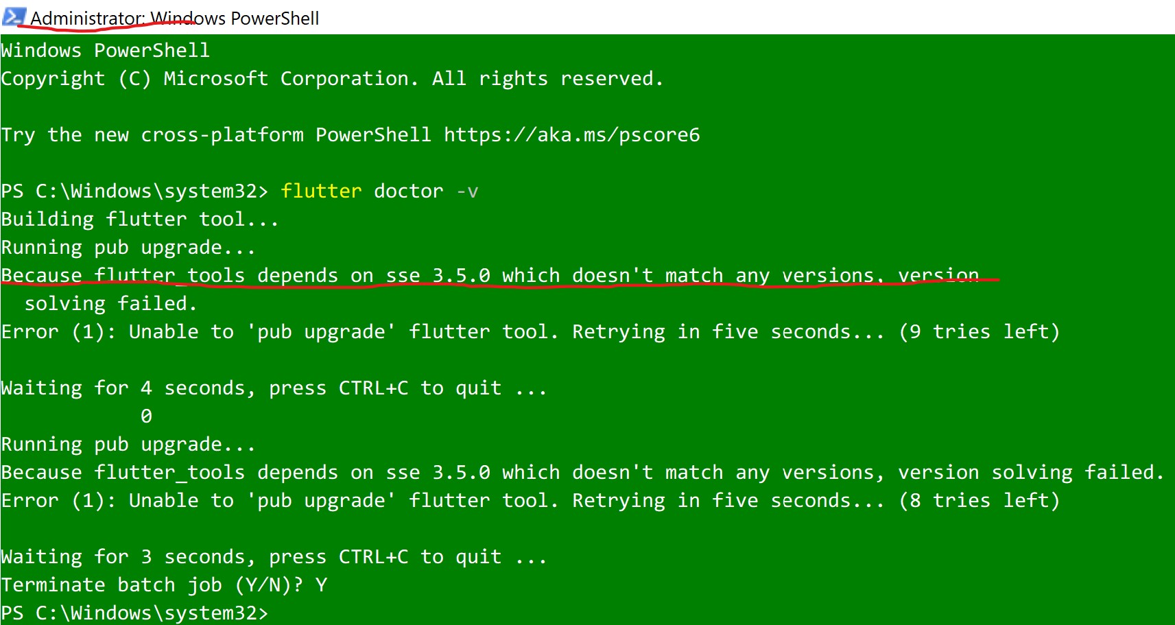 Because flutter_tools depends on sse 3.5.0 which doesn't match any versions, version solving ...