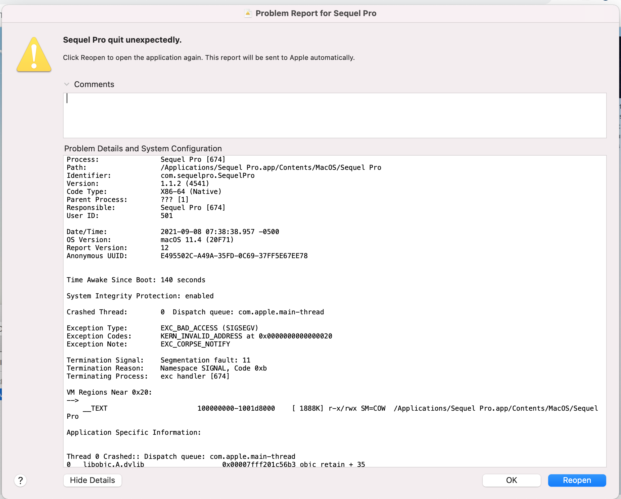 Error on all attempts to connect to a database, submit error report fails, then app quits ...