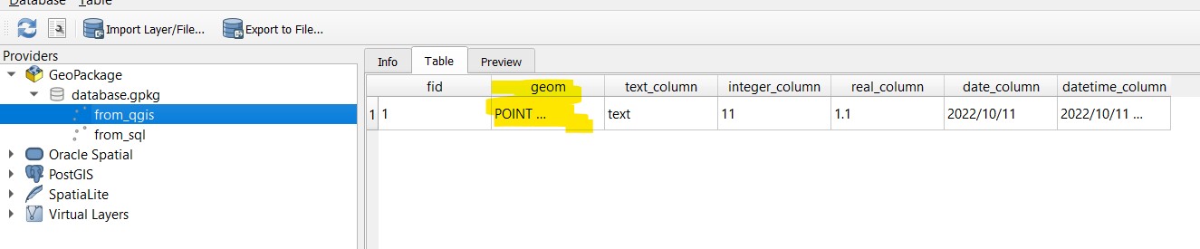DB Manager, GPKG: Wrong order of column header and data (if geometry not in second column ...