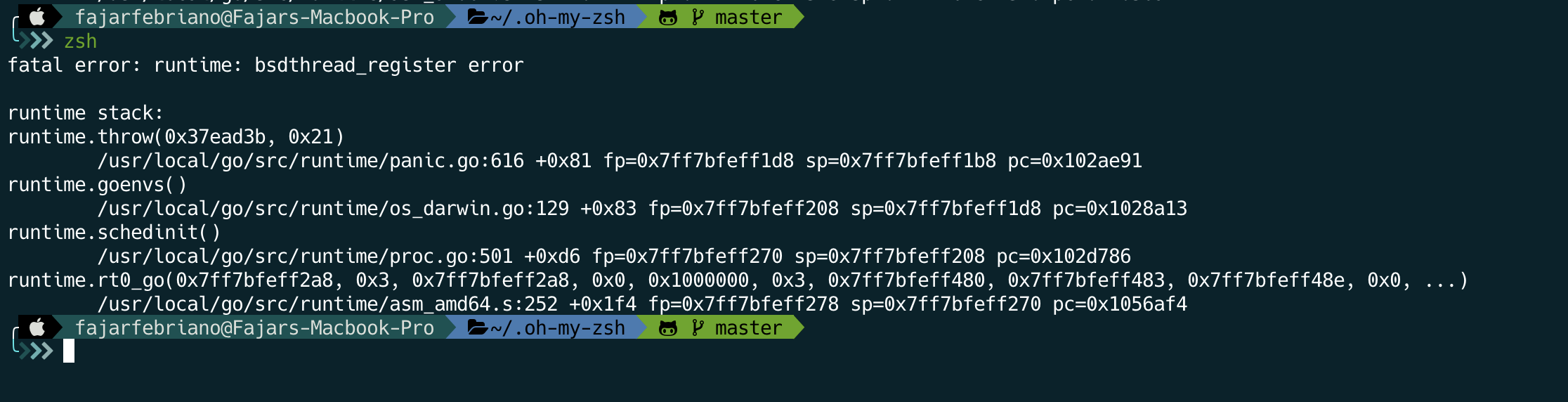 fatal error: runtime: bsdthread_register error · Issue #10354 · ohmyzsh/ohmyzsh · GitHub