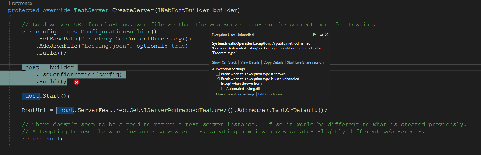 IWebHostBuilder.Build fails with System.InvalidOperationException: 'A public method named ...