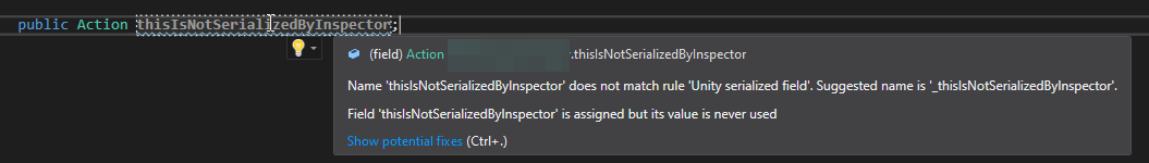 Public action is recognized as SerializeField · Issue #1605 · JetBrains/resharper-unity · GitHub