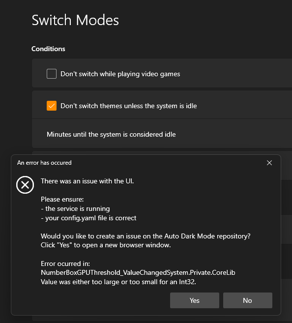 AutoDarkModeApp.exe closes unexpectedly when you specify "Time the ...