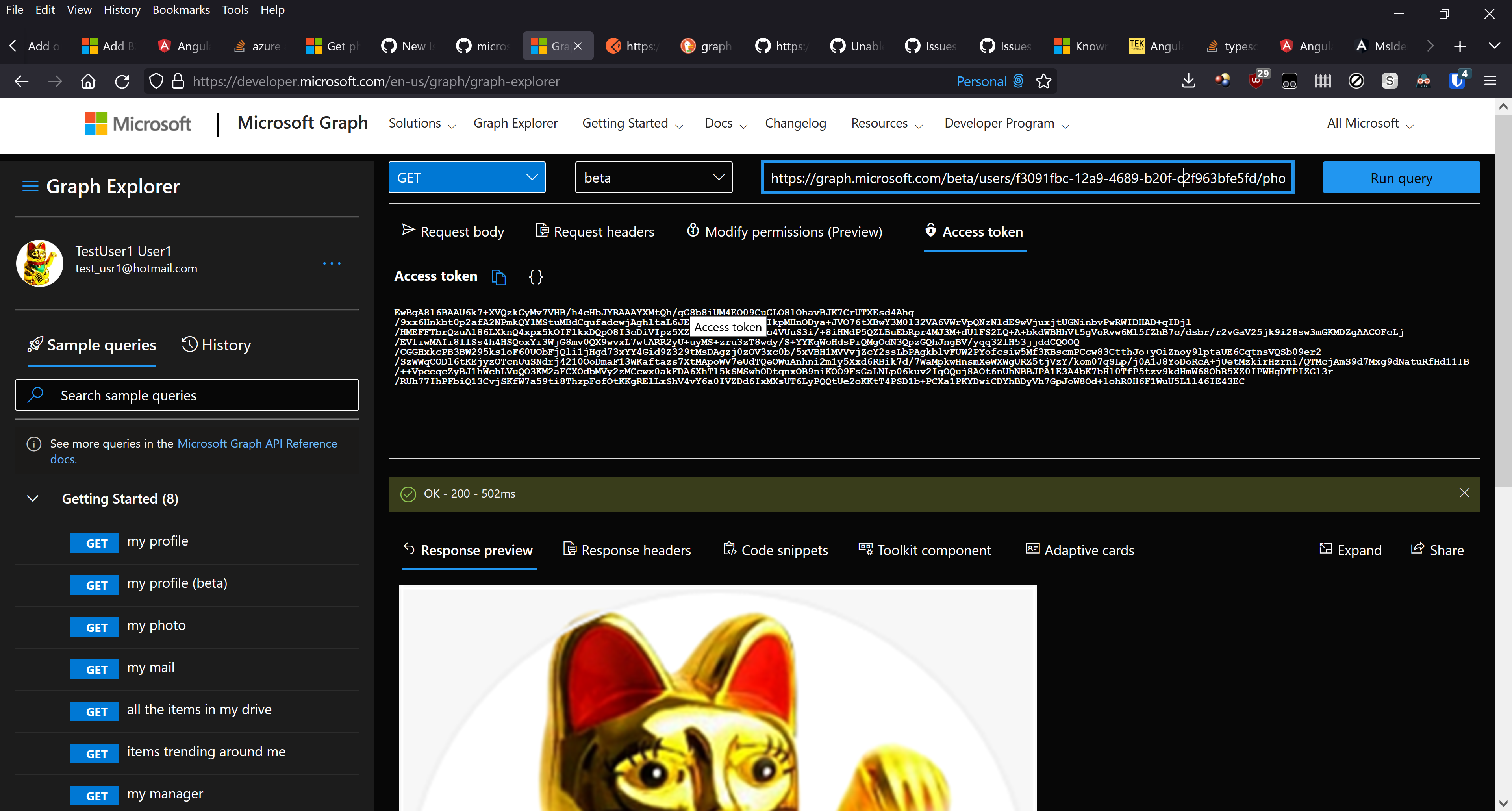 Photo request works in Graph Explorer gives 404 in Postman and Angular ...