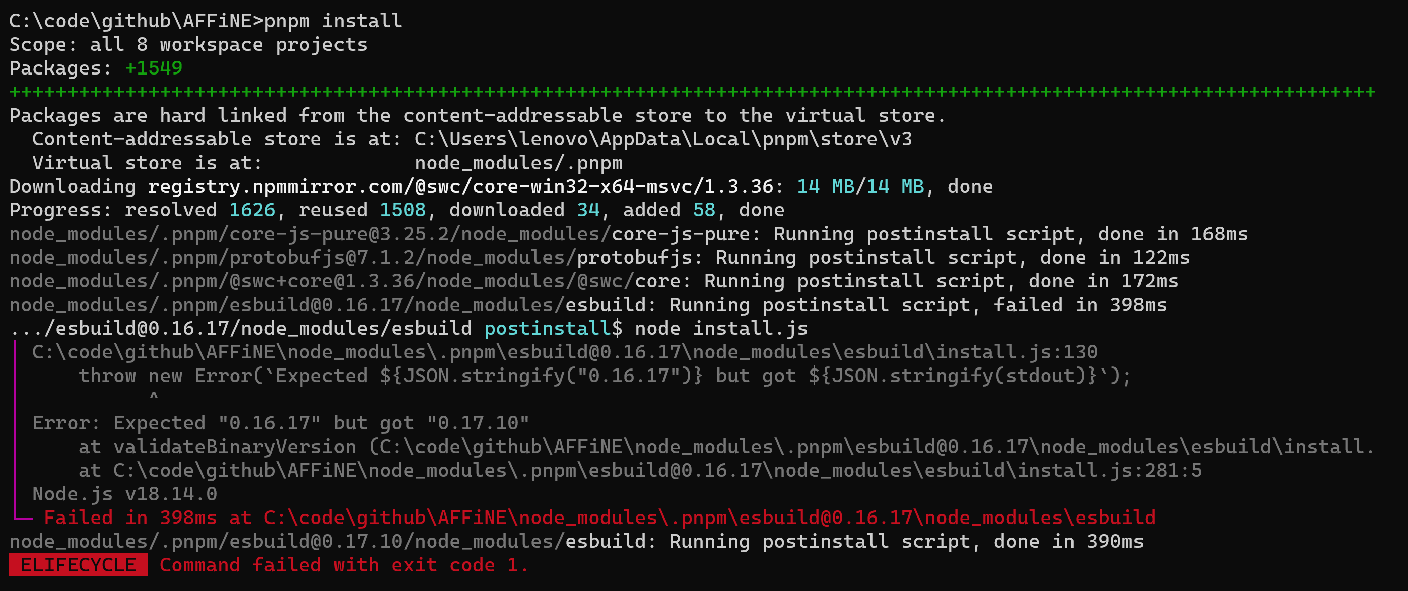 Esbuild Error: Expected "0.16.17" but got "0.17.10" · Issue #1178 · toeverything/AFFiNE · GitHub