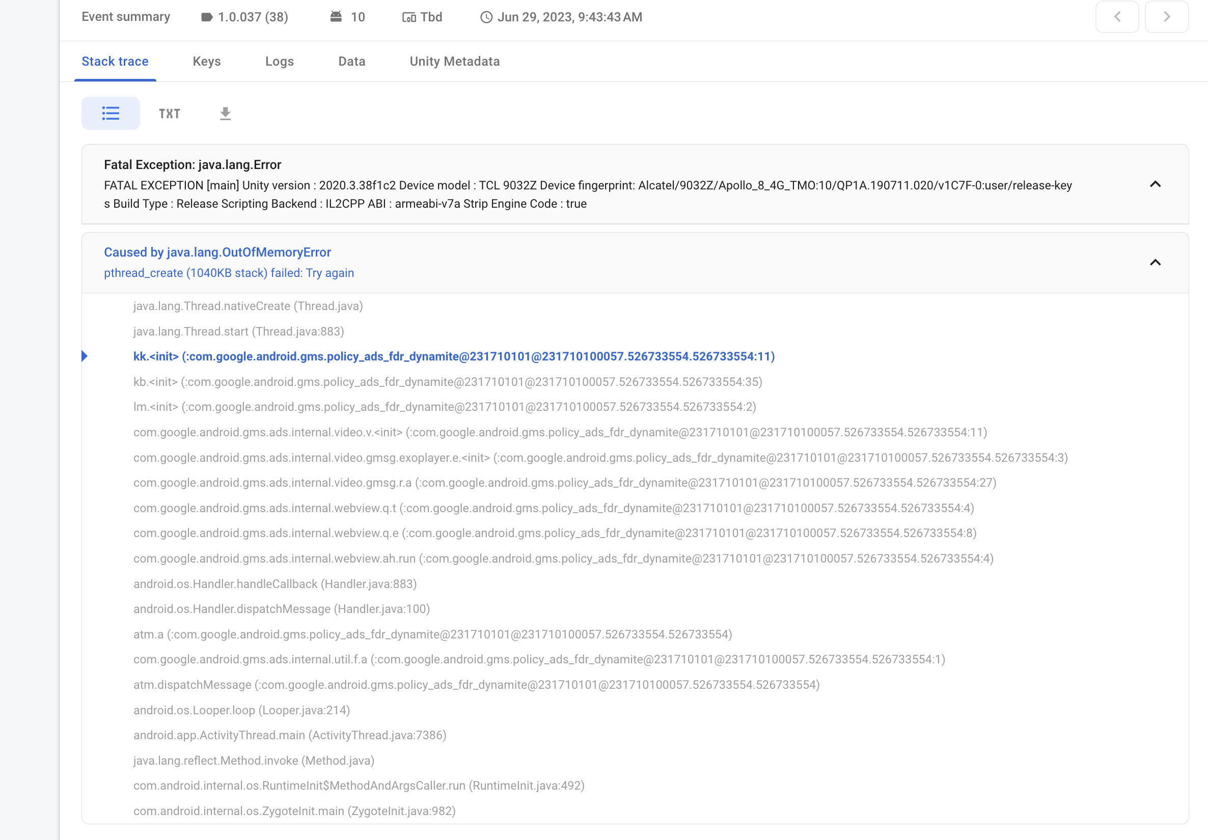 Caused by java.lang.OutOfMemoryError · Issue #2803 · googleads/googleads-mobile-unity · GitHub
