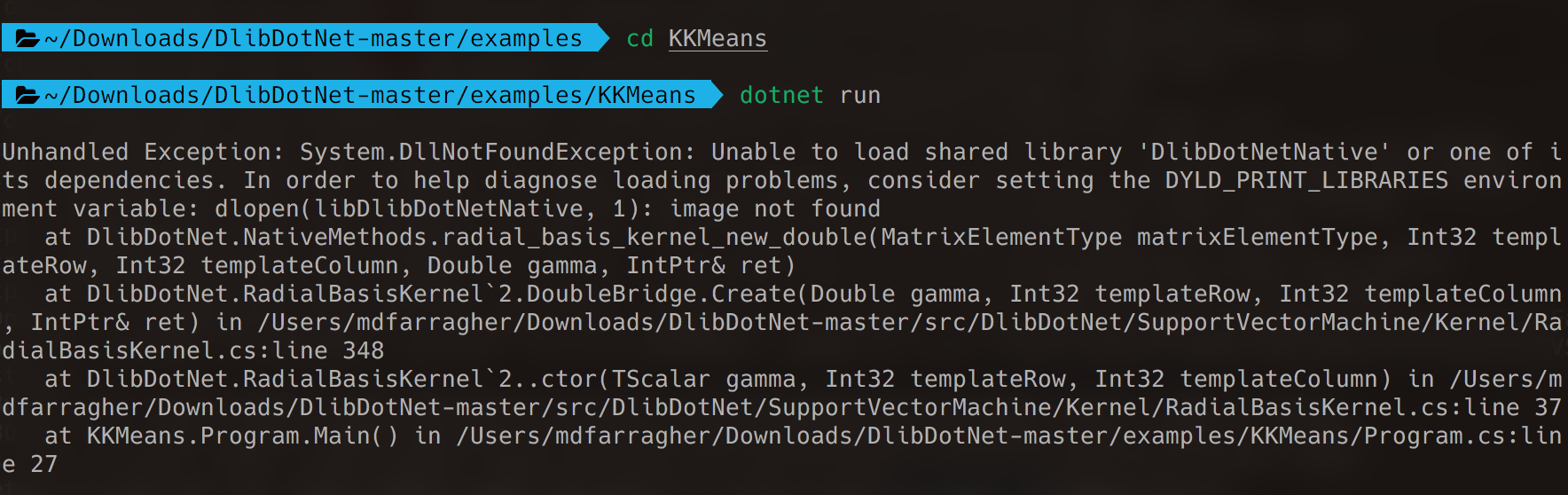 "System.DllNotFoundException: Unable to load shared library DlibDotNetNative" with the KKMeans ...