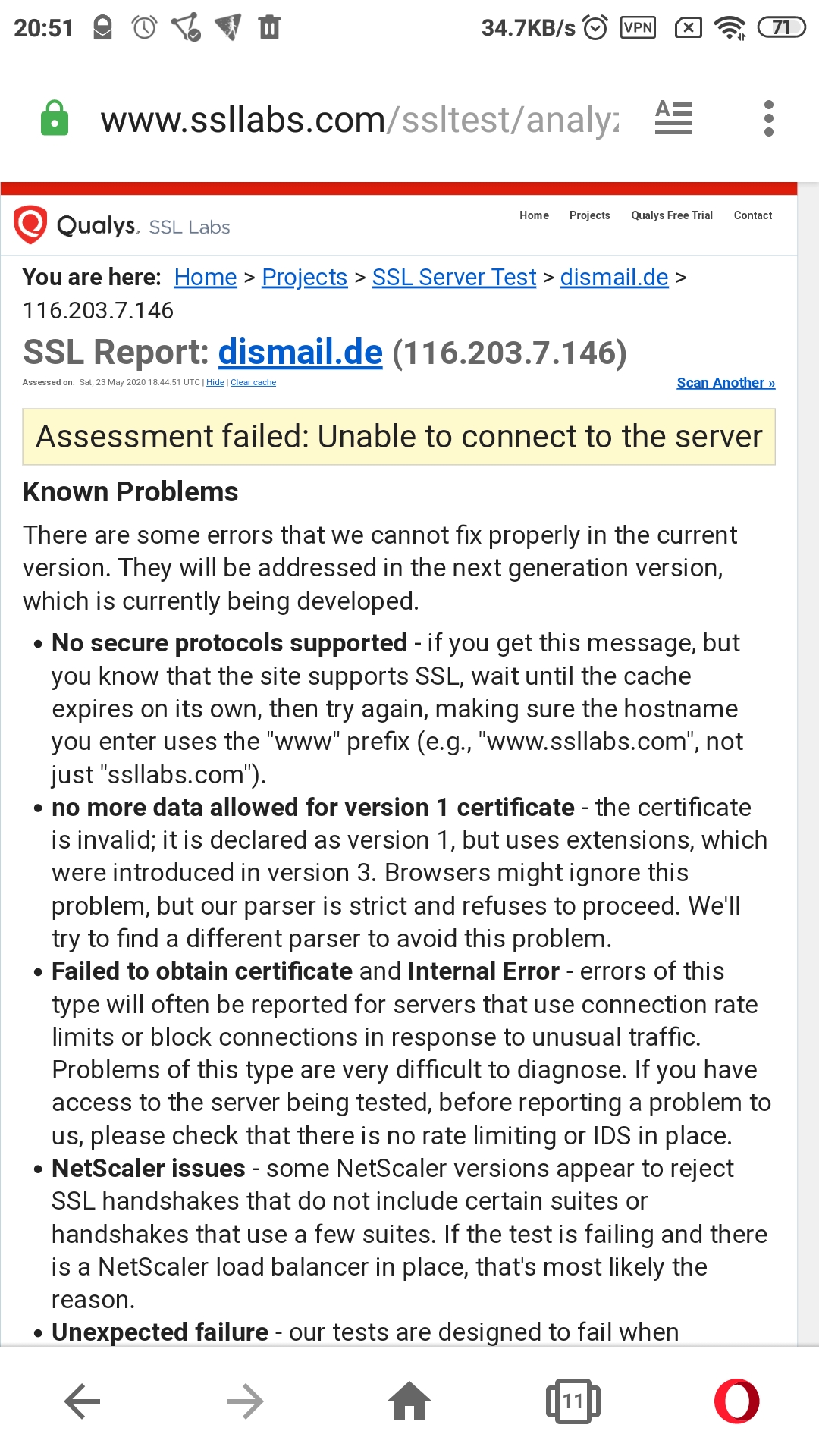Assessment failed: Unable to connect to the server · Issue #770 · ssllabs/ssllabs-scan · GitHub