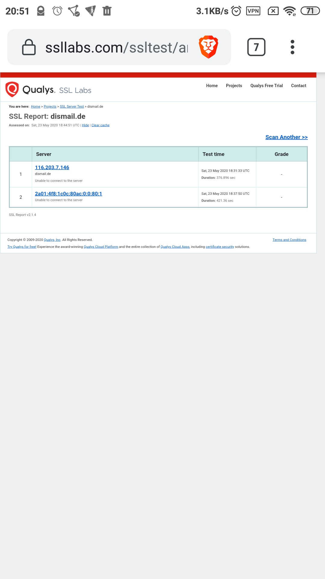 Assessment failed: Unable to connect to the server · Issue #770 · ssllabs/ssllabs-scan · GitHub