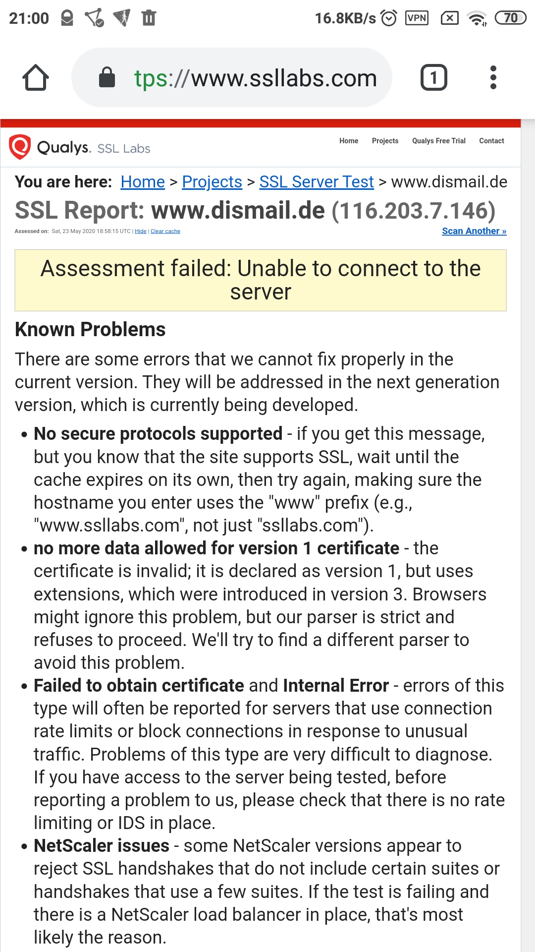 Assessment failed: Unable to connect to the server · Issue #770 · ssllabs/ssllabs-scan · GitHub