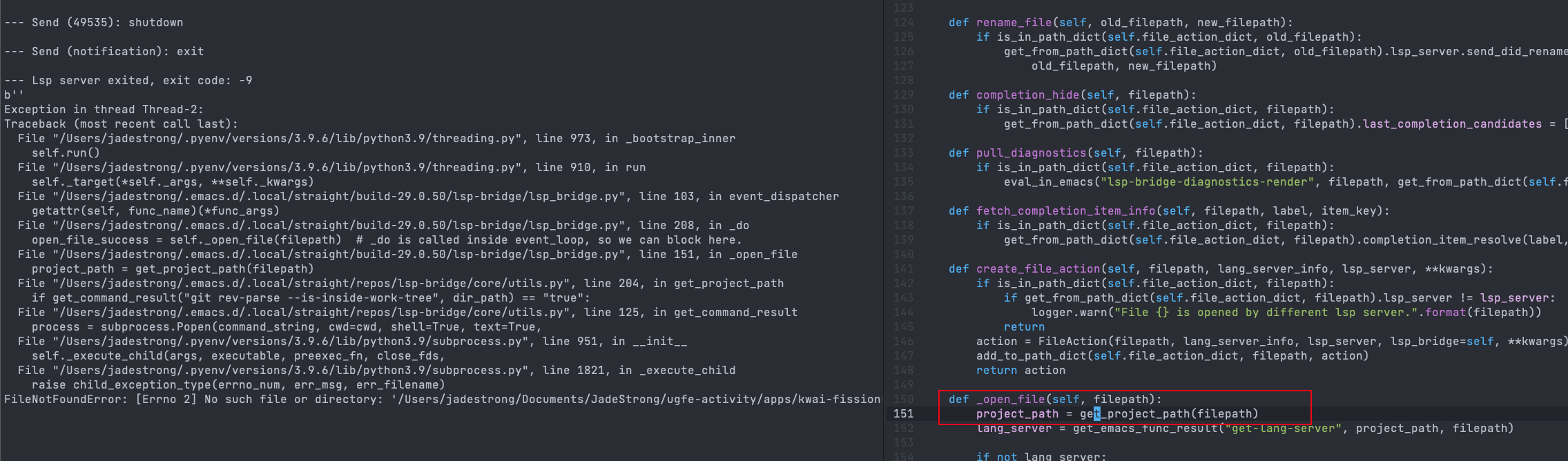 切换分支后若当前所在的文件不存在了服务会崩溃 · Issue #172 · manateelazycat/lsp-bridge · GitHub