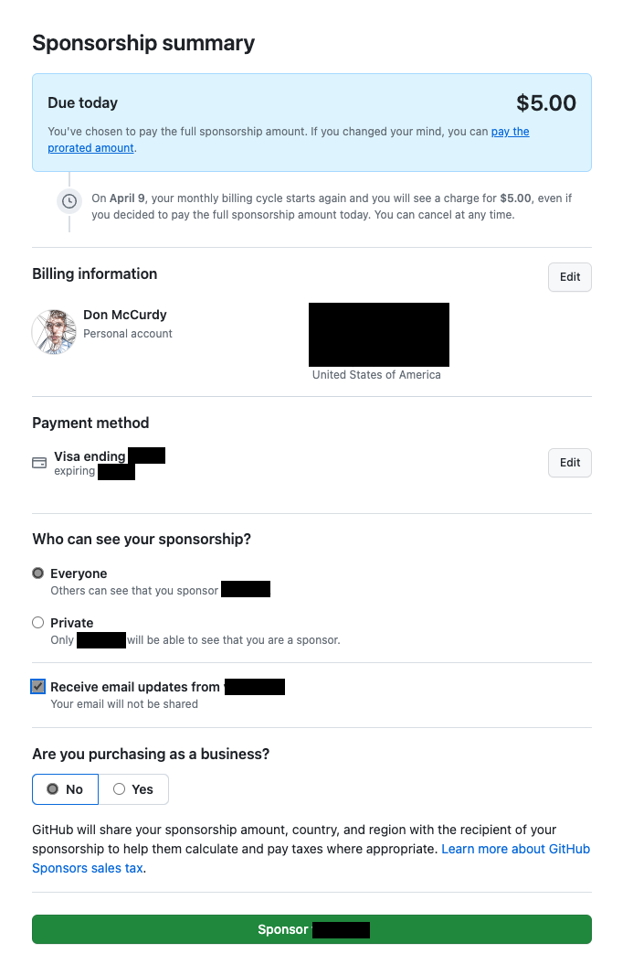 Selected "pay the full sponsorship amount" but payment was prorated ...