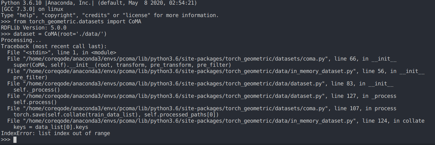 Index Error while generating the processed files in CoMA dataset. · Issue #2384 · pyg-team ...