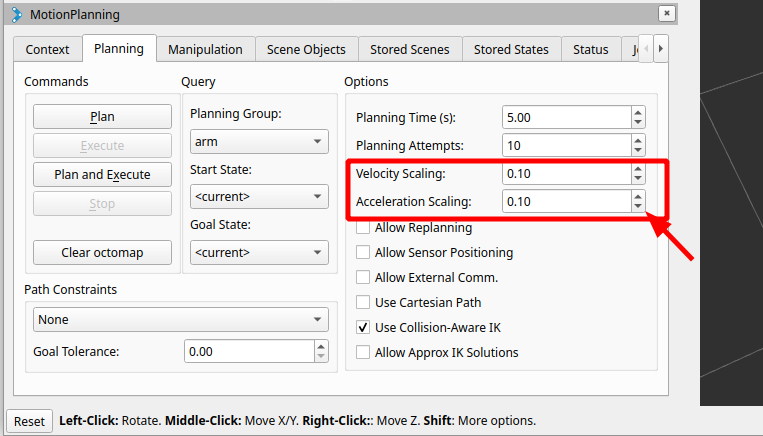 Default velocity and acceleration scaling factor do not affect RViz ...