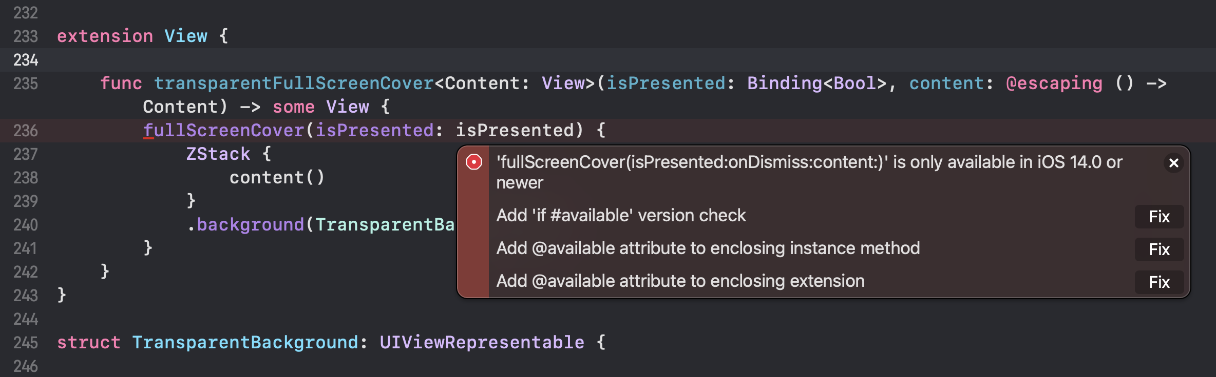 'fullScreenCover(isPresented:onDismiss:content:)' is only available in iOS 14.0 or newer · Issue ...