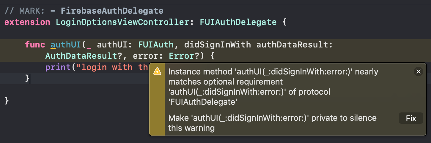 instance method didSignInWithError nearly matches optional of protocol ...