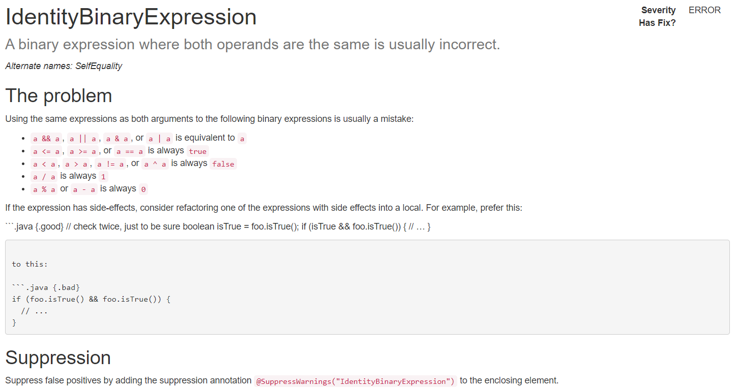 Incorrectly rendered markdown in IdentityBinaryExpression · Issue #1487 · google/error-prone ...