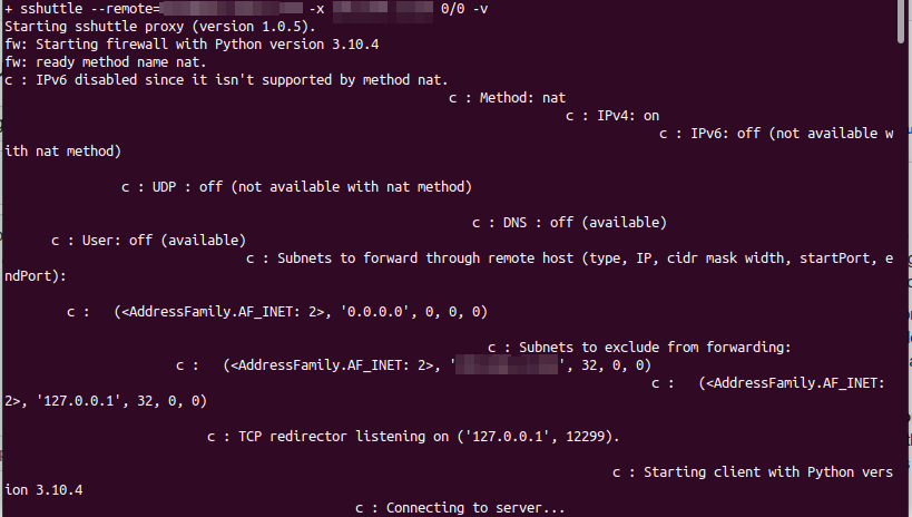 Log output without newline, and can't interrupt sshuttle (ctrl+c) · sshuttle sshuttle ...