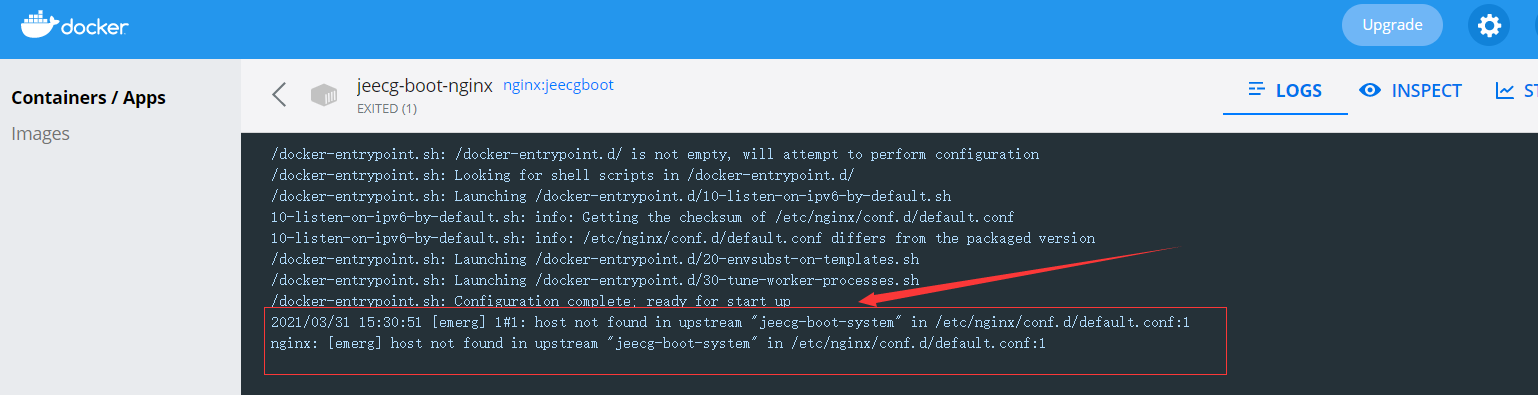 前台代码制作docker镜像，容器启动报错 · Issue #2402 · jeecgboot/JeecgBoot · GitHub