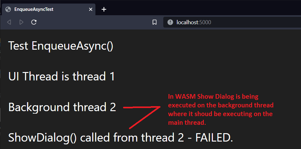 Wasm Threading Dispatcherqueuehasthreadaccess Returns The Wrong Value · Issue 10677 