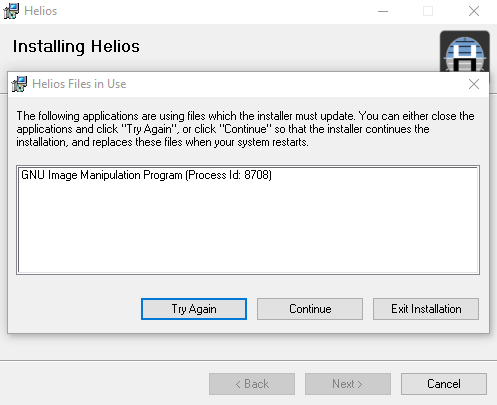 Helios Files in Use - Installer Blocked by GIMP · Issue #280 · HeliosVirtualCockpit/Helios · GitHub
