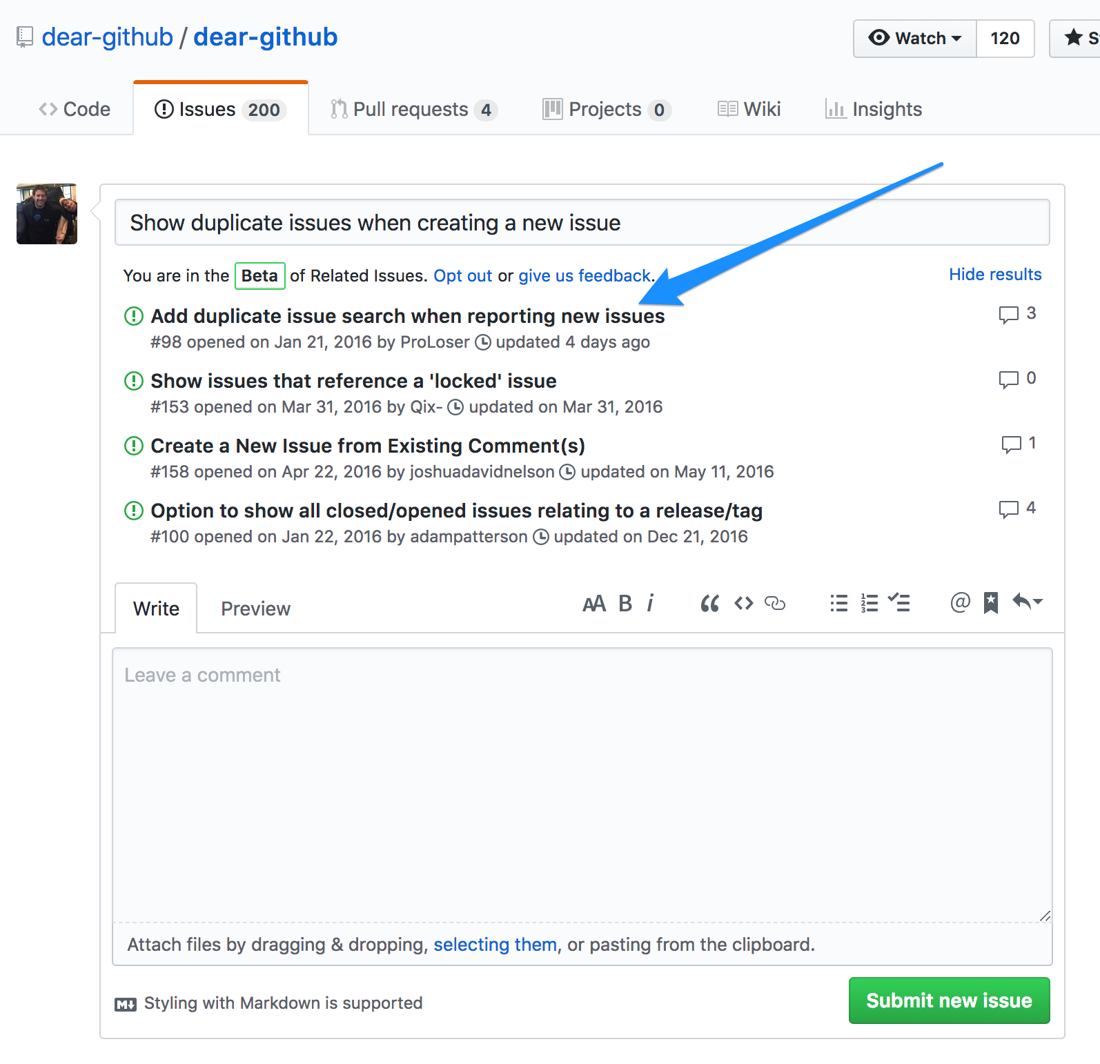 Add Duplicate Issue Search When Reporting New Issues · Issue 98 · Dear