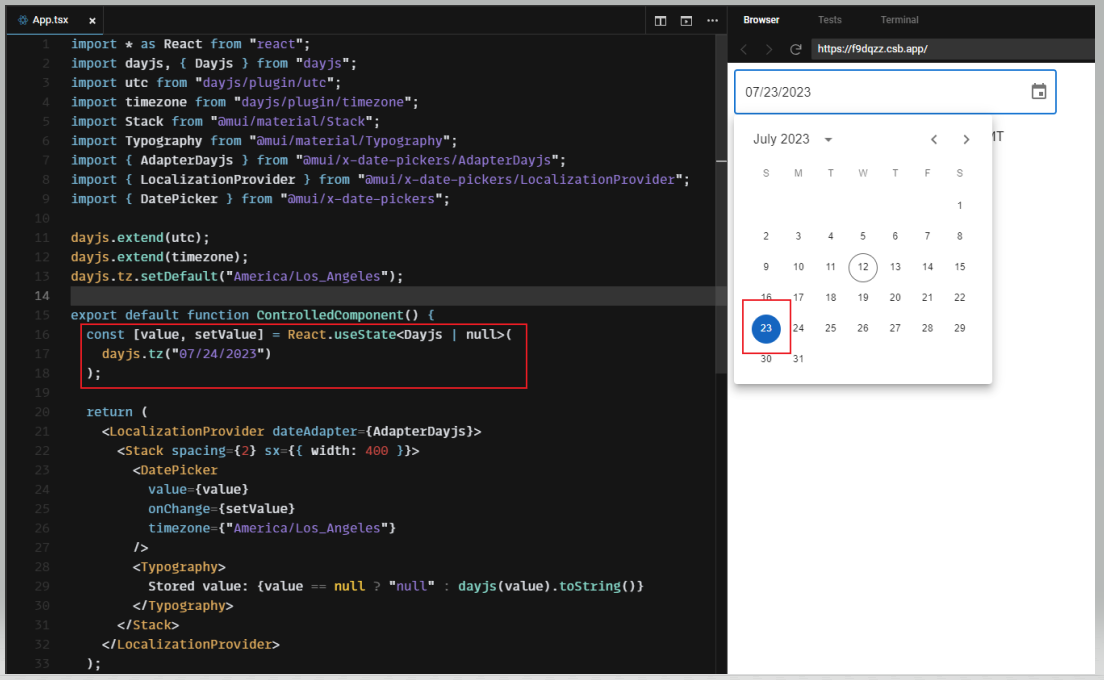 Dayjs Adapter is showing one day prior in the DatePicker component when default value is set ...