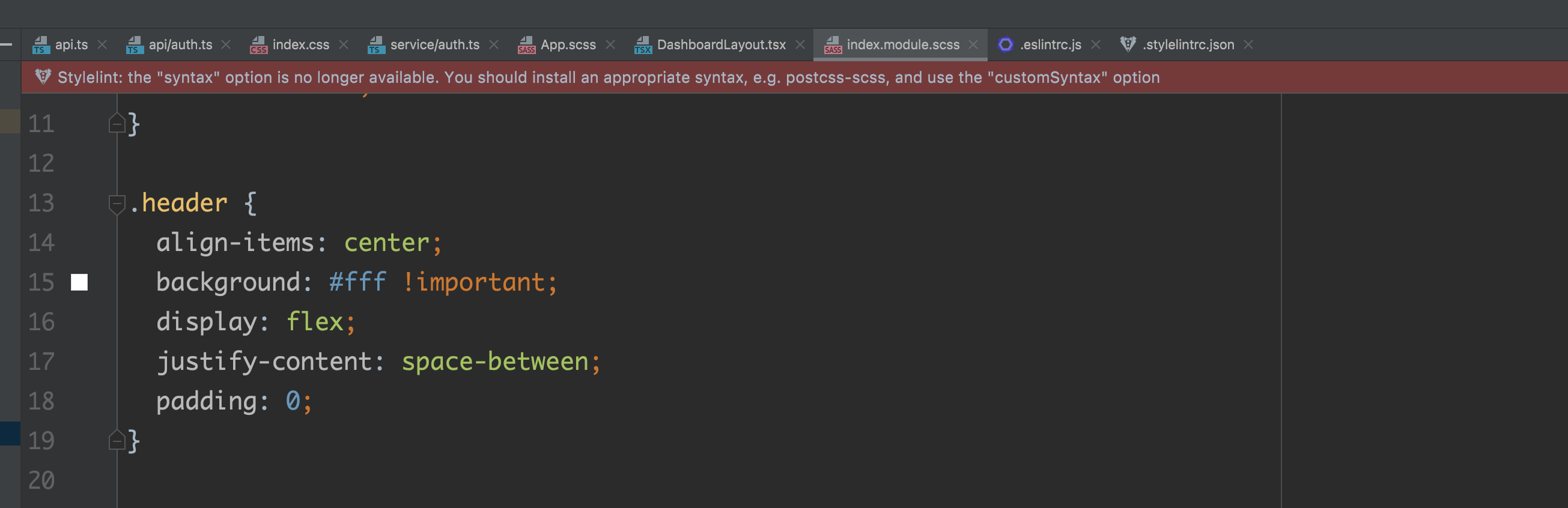 Webstrom use Stylelint 14 show error :The "syntax" option is no longer available. You should ...