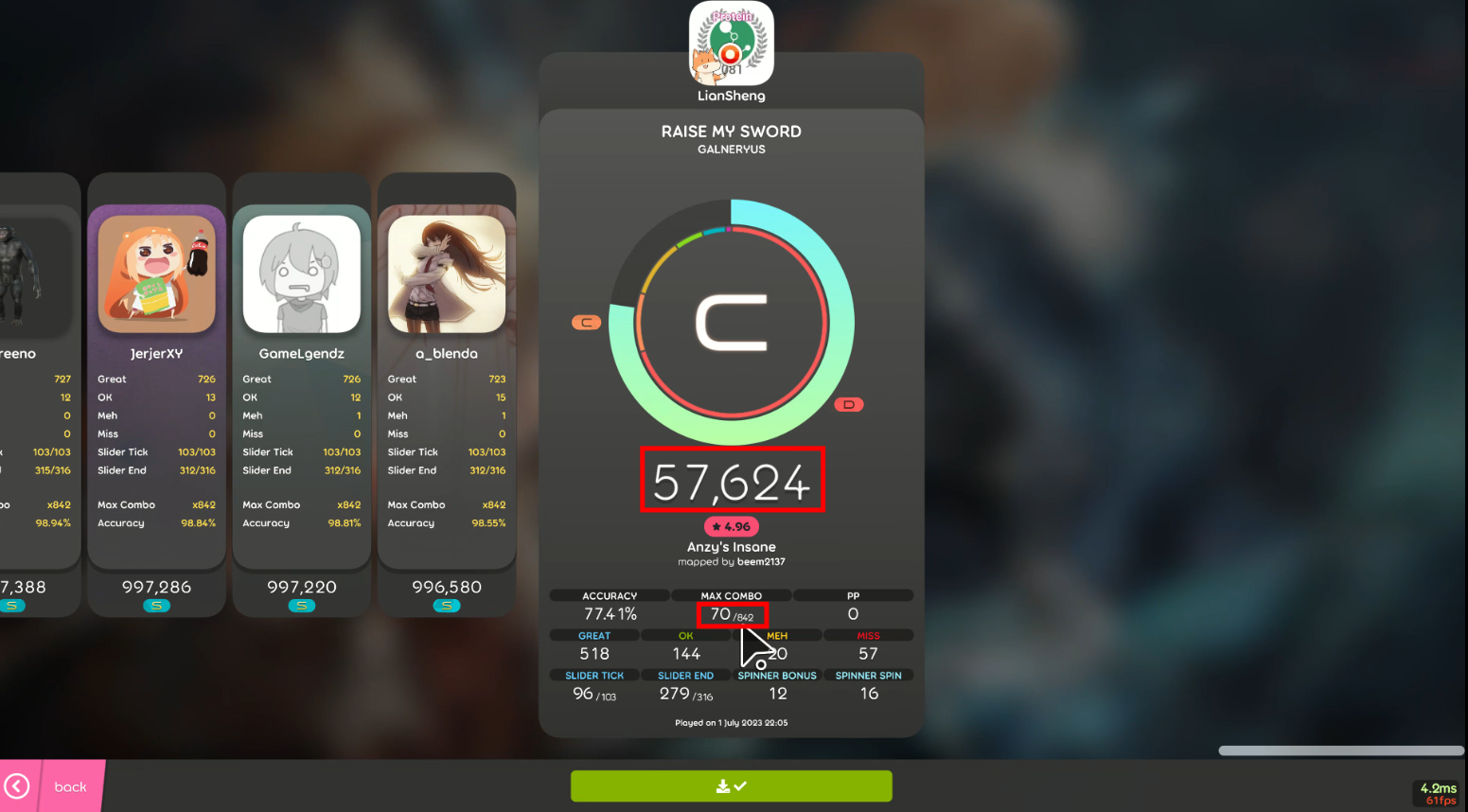 The combo and score in the actual game are inconsistent with the online ...