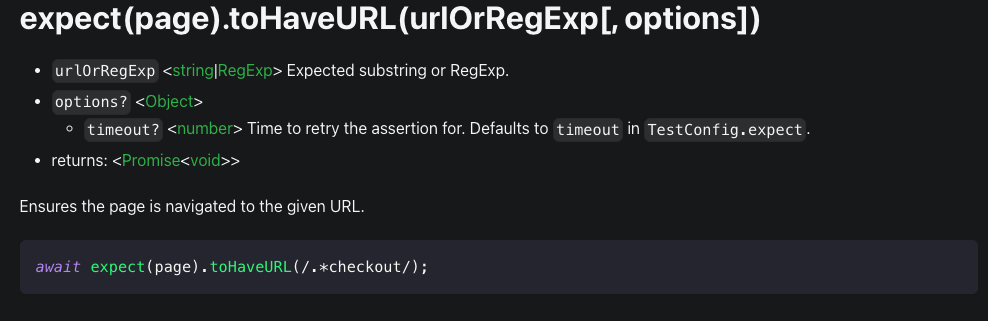 [Question] a little confusing word "substring" in the document at expect(page).toHaveURL ...